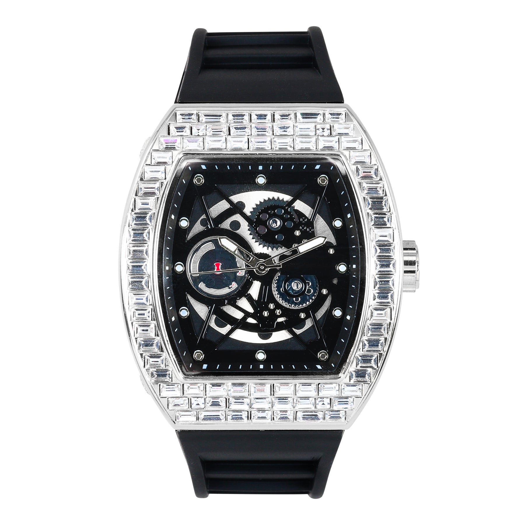 Men's Luxury Iced Watch with Baguette Crystals - Tonneau Shape, Silico